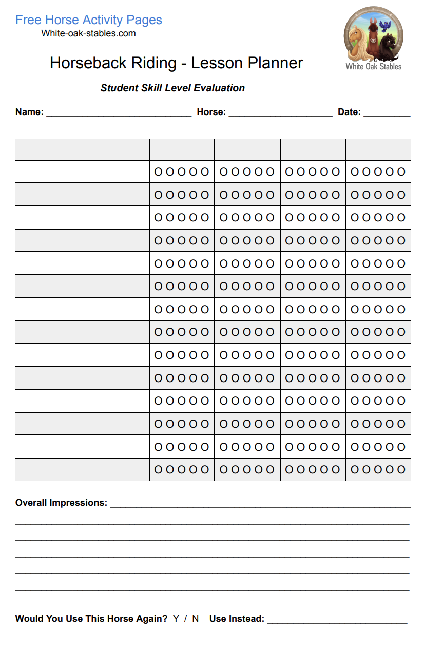Lesson Planner – Blank Rider Skill Evaluation – White Oak Stables