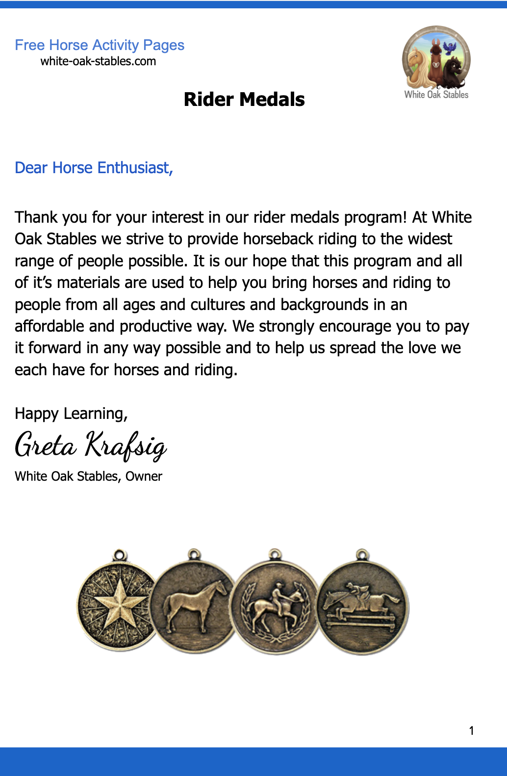 Rider Medals – Welcome Letter – White Oak Stables