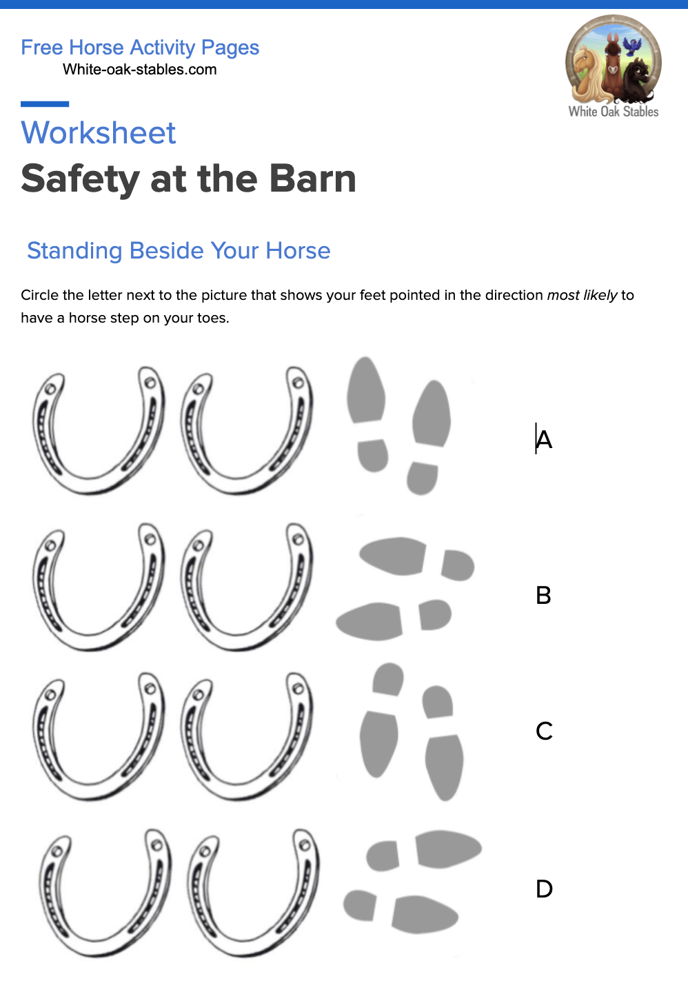 Worksheet – Horsemanship I – Safety – White Oak Stables