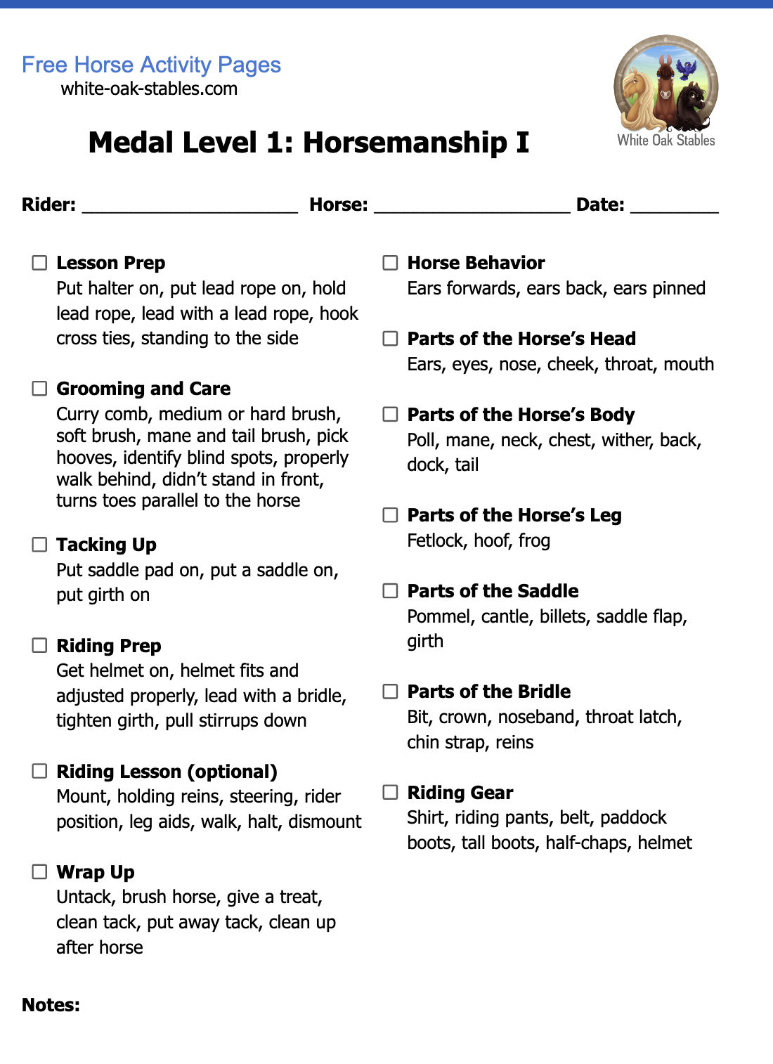 Rider Medal Level 1: Horsemanship I Lesson Checklist – White Oak Stables