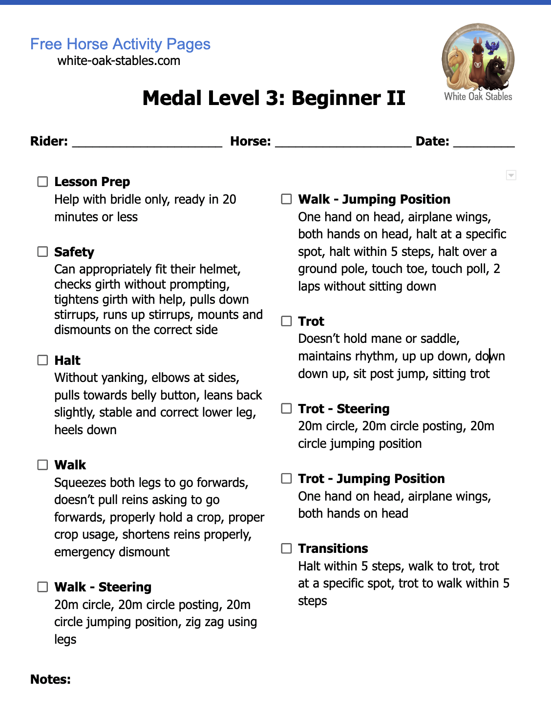 » Rider Medal Level 3: Beginner II Lesson Checklist | White Oak Stables