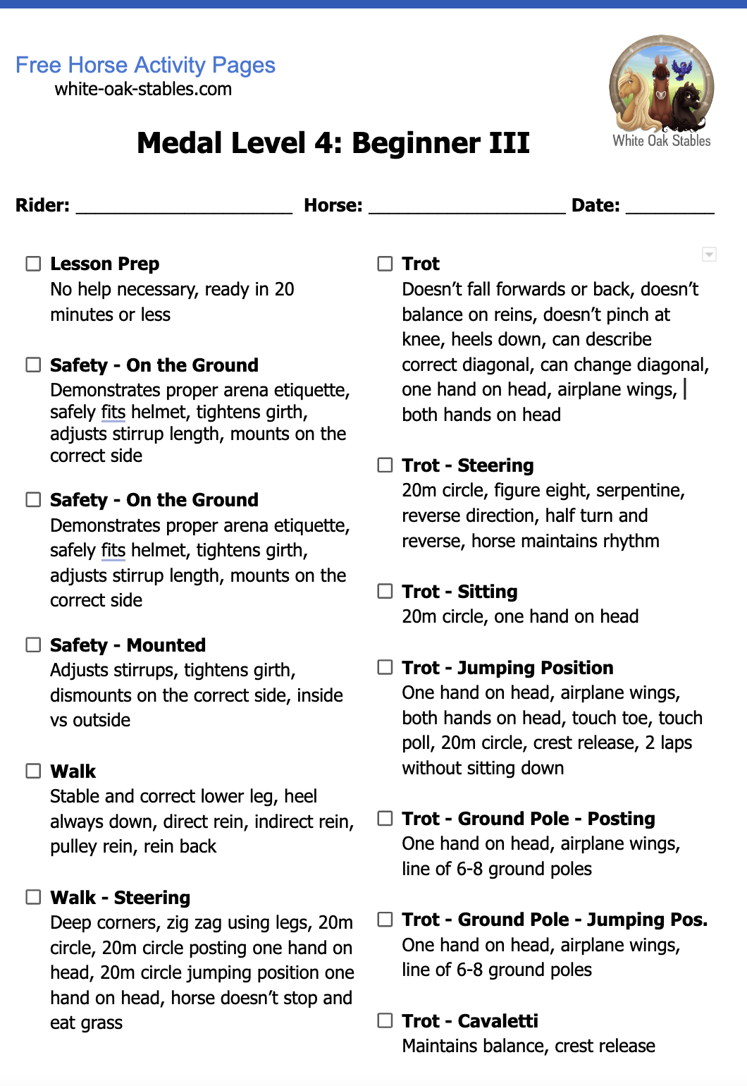 Rider Medals – Level 4 Lesson Checklist – White Oak Stables