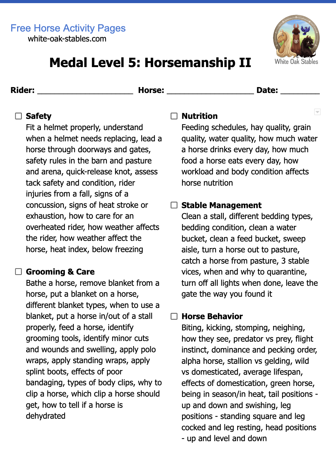 Rider Medals – Level 5 Lesson Checklist – White Oak Stables