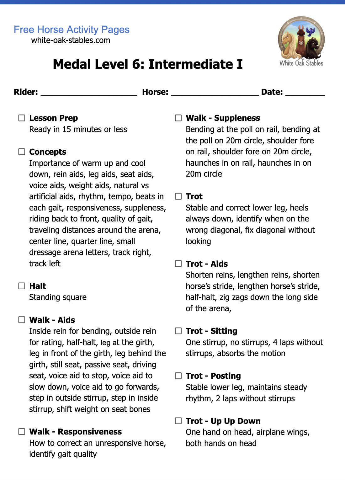 » Rider Medals – Level 6 Lesson Checklist | White Oak Stables