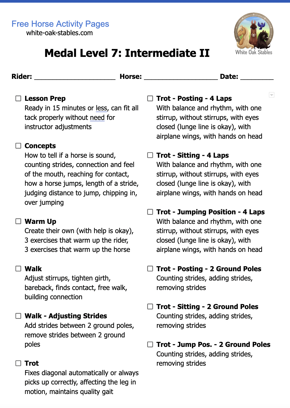 Rider Medals – Level 7 Lesson Checklist – White Oak Stables