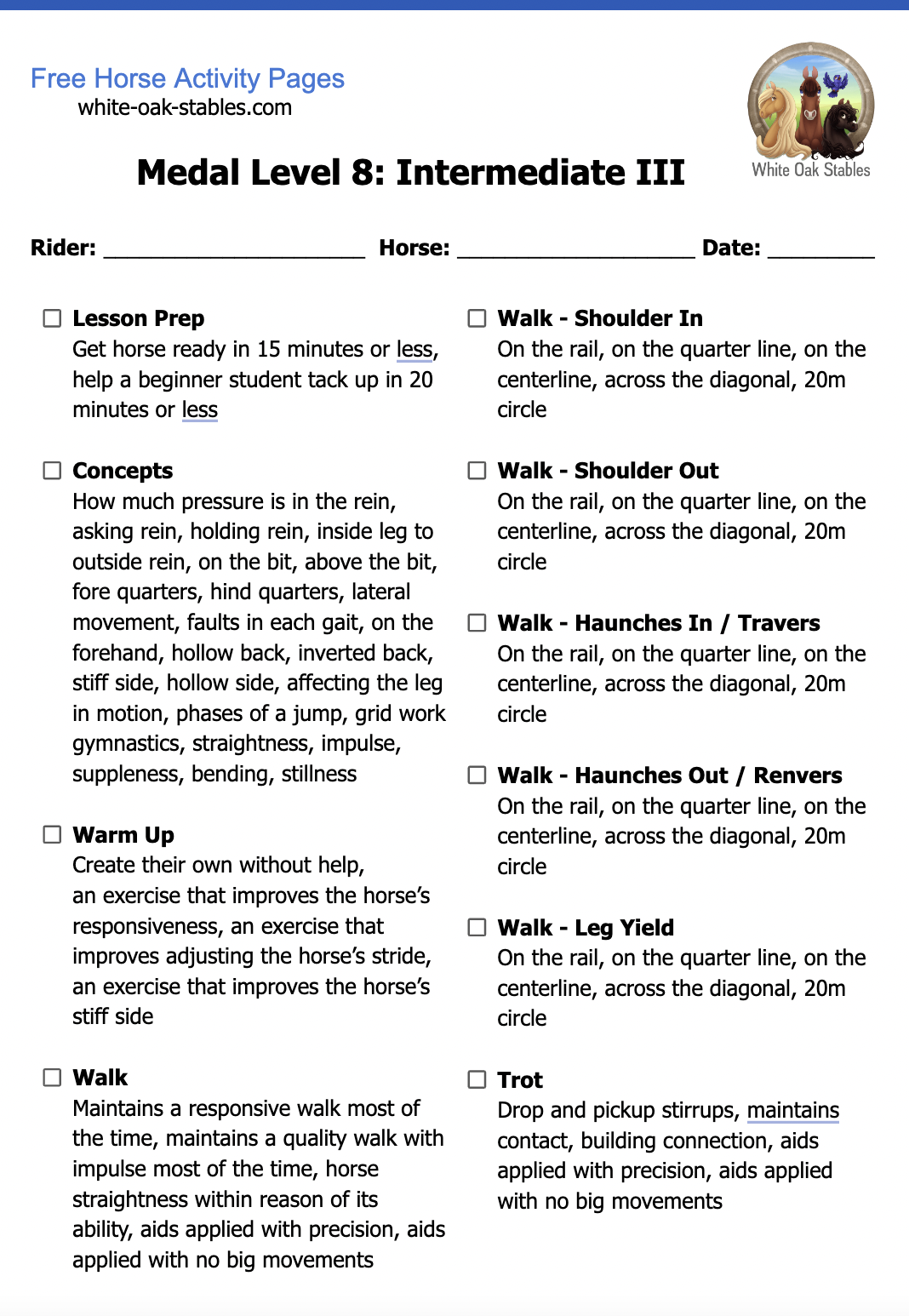 Rider Medals – Level 8 Checklist – White Oak Stables